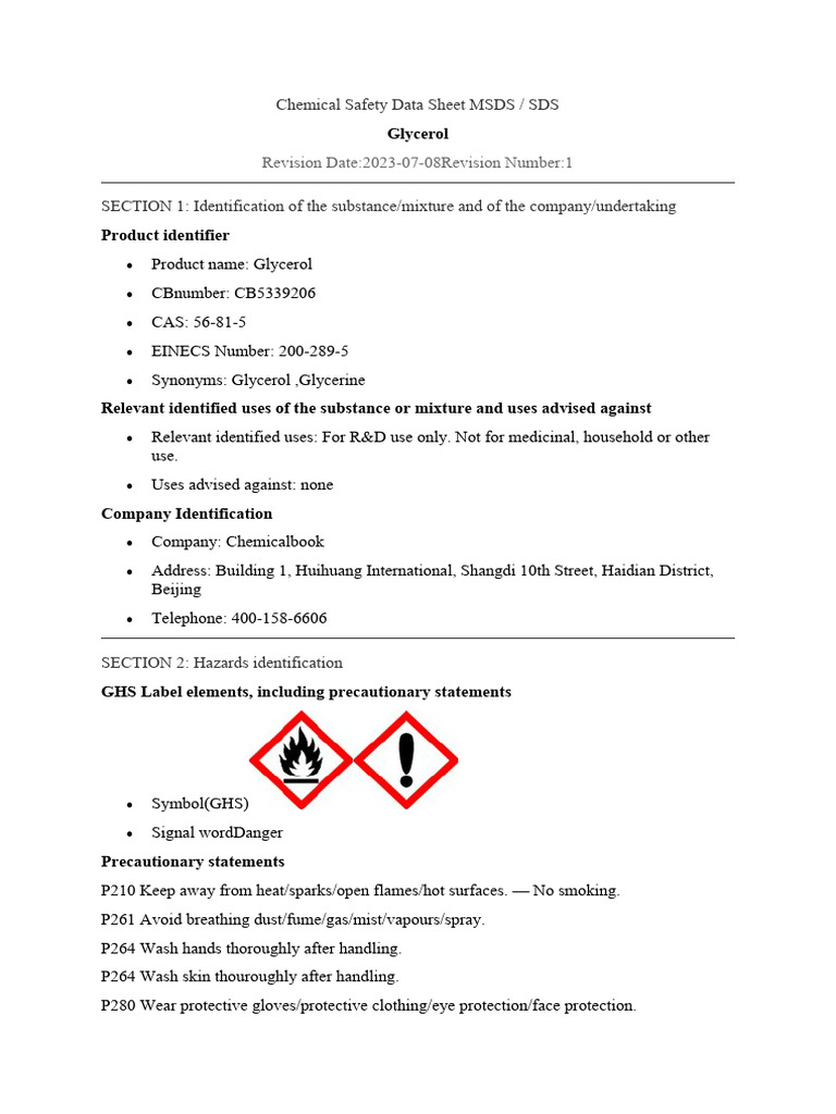 Glycerol Safety Data Sheet (SDS) | PDF | Dangerous Goods | Toxicity