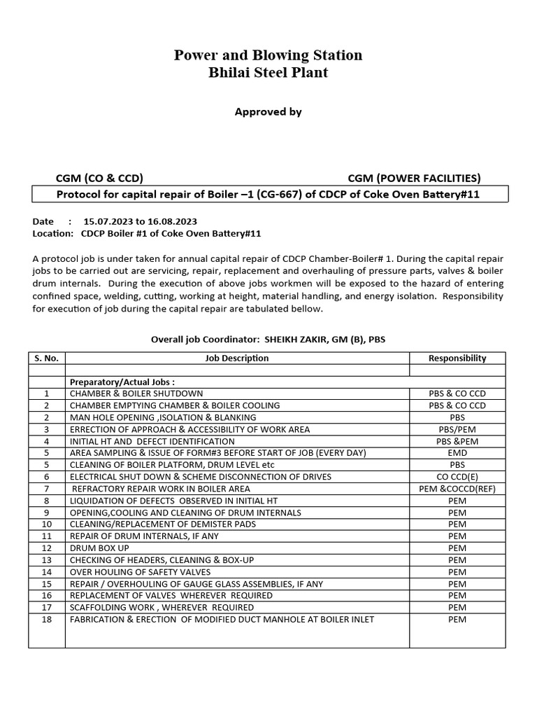 Protocol for Capital Repair of CDCP Boiler#1 | PDF