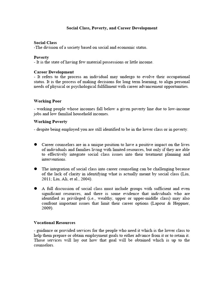 Social Class Poverty and Career Development Docs | PDF