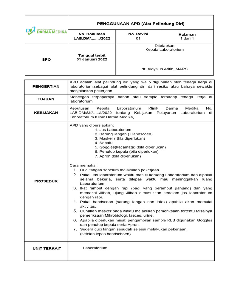 5. SPO Penggunaan APD | PDF