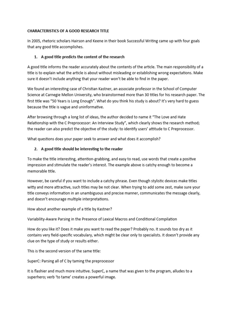 CHARACTERISTICS OF A GOOD RESEARCH TITLE | PDF