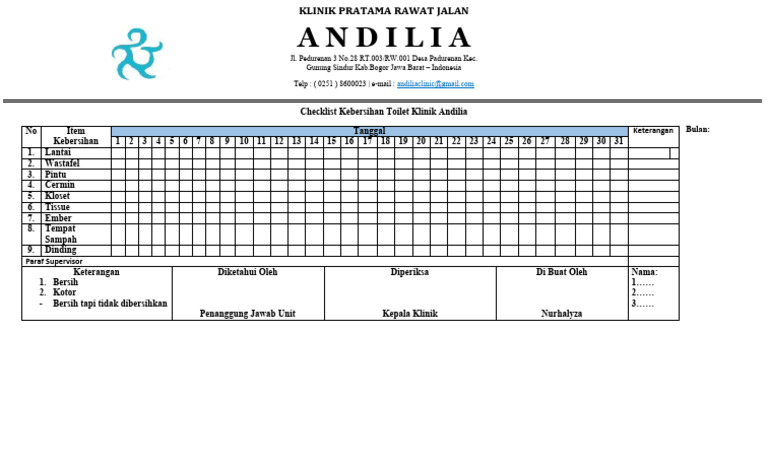 Checklist Kebersihan Ruangan Klinik Andilia | PDF