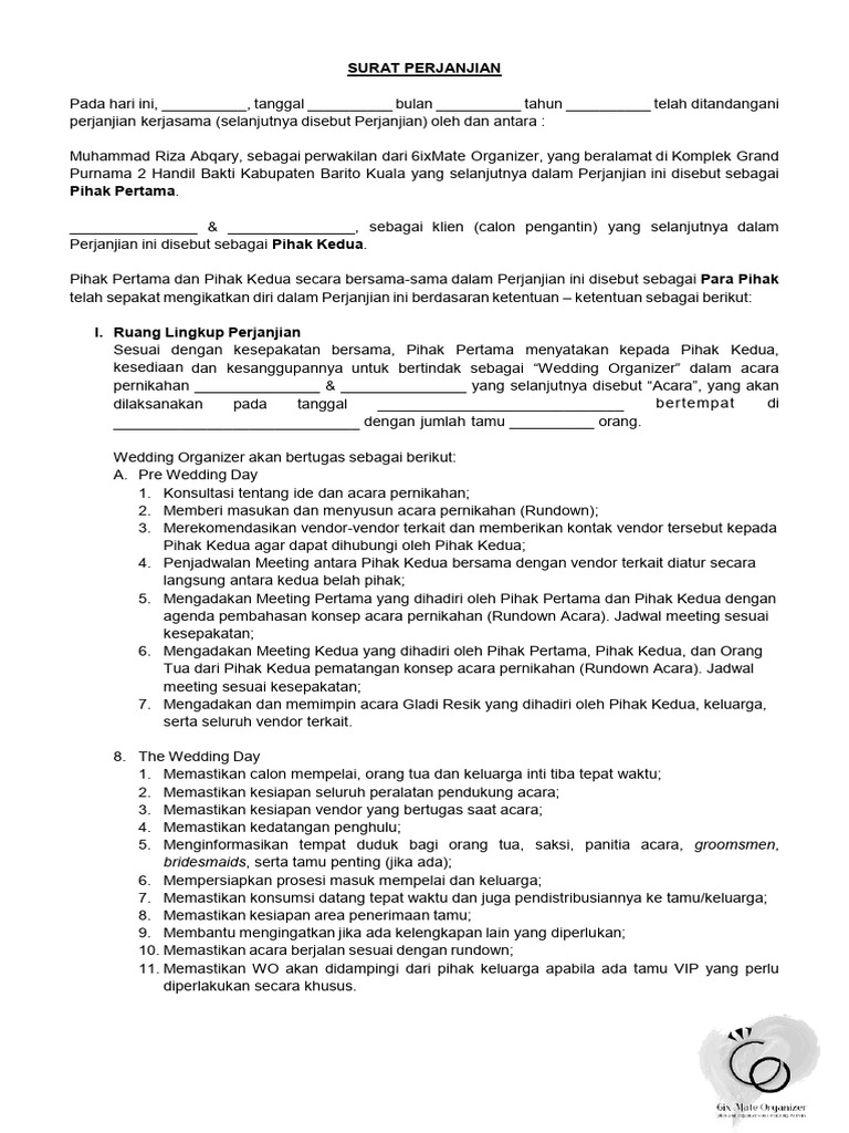 Perjanjian Kerjasama Wedding Organizer | PDF