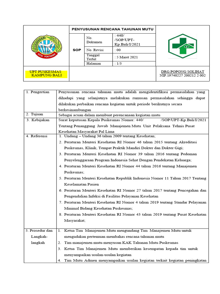 Sop Penyusunan Rencana Tahunan Mutu Compress | PDF