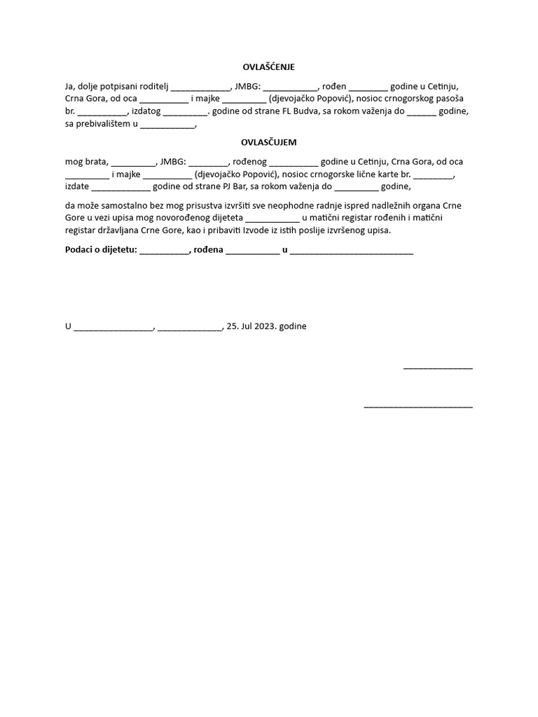 Ovlašćenje Za Upisa U Matični Registar Rođenih I Matični Registar ...