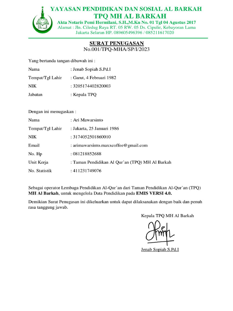 Surat Tugas Operator EMIS 2023-1 | PDF