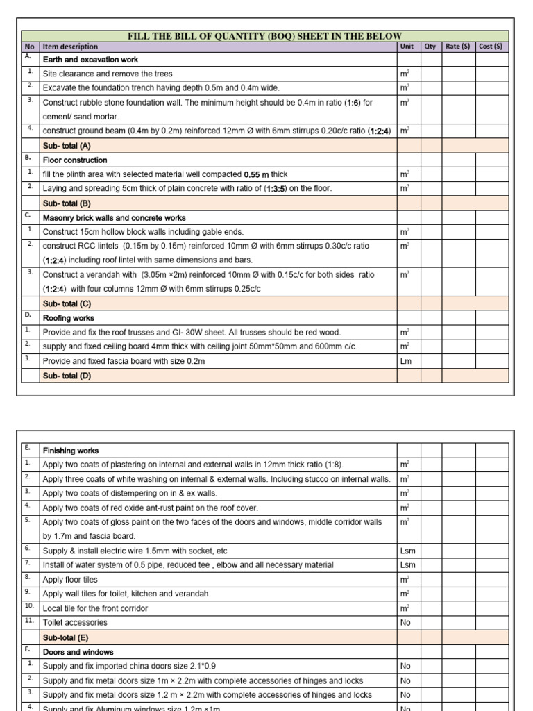 Construction BOQ Template | PDF