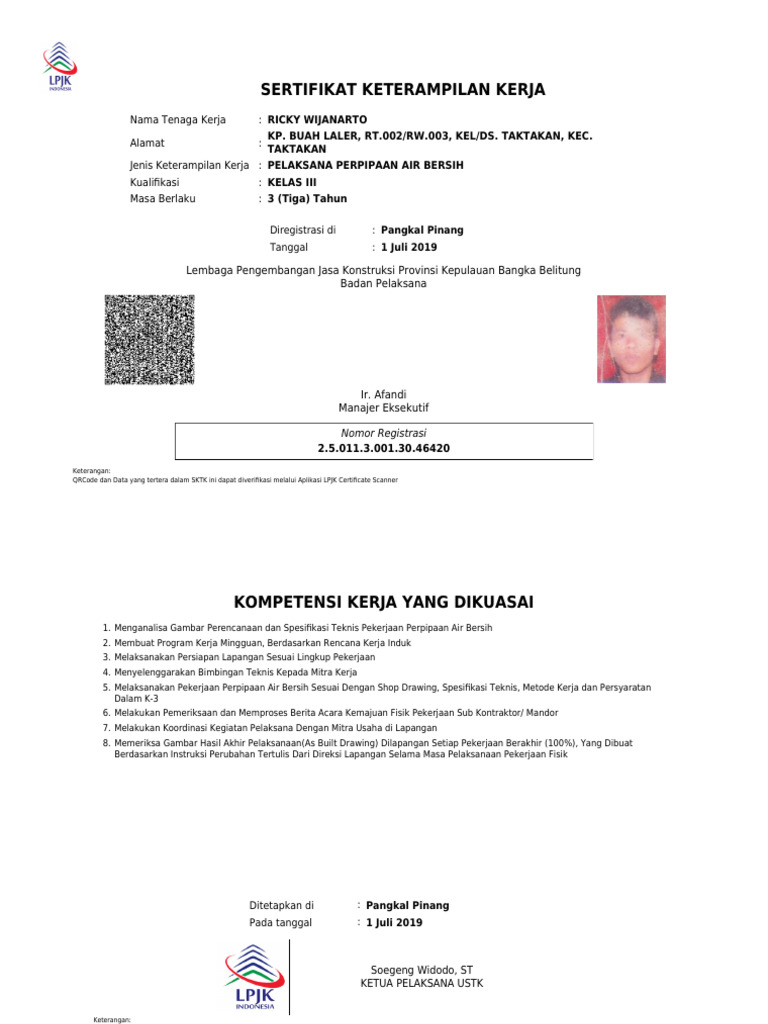 Sertifikat Keterampilan Kerja: Kp. Buah Laler, Rt.002/Rw.003, Kel/Ds. Taktakan, Kec. Taktakan | PDF