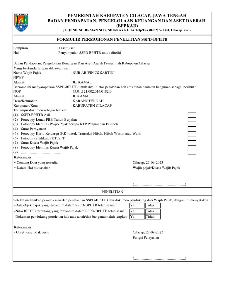 Permohonan Penelitian SSPD-BPHTB Cilacap | PDF