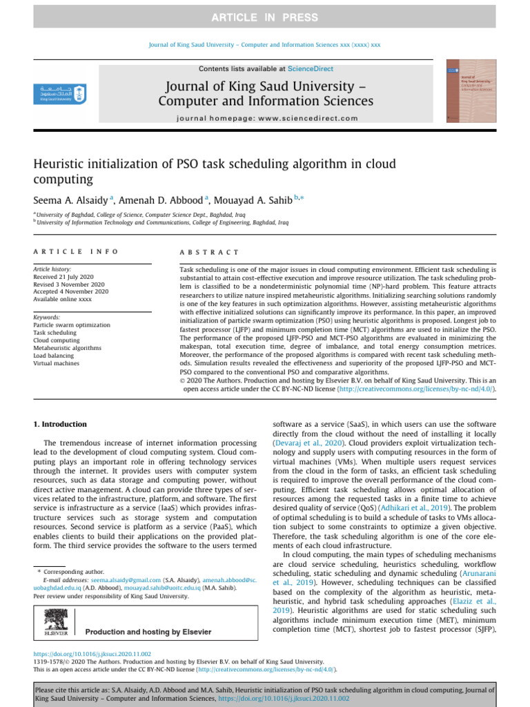 Heuristic Initialization Of Pso Task Scheduling Al Pdf Metaheuristic Cloud Computing