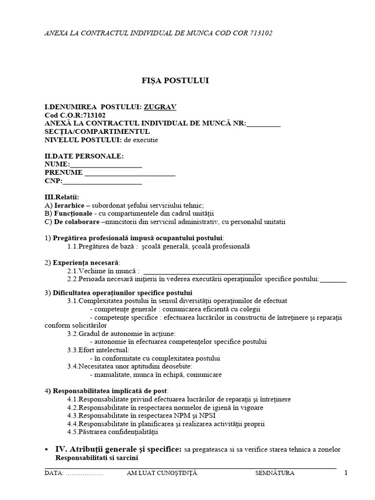 Fisa Postului Zugrav 713102 | PDF