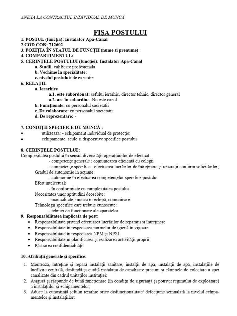 Fisa Postului Instalator Apa Canal Cor 712602 | PDF