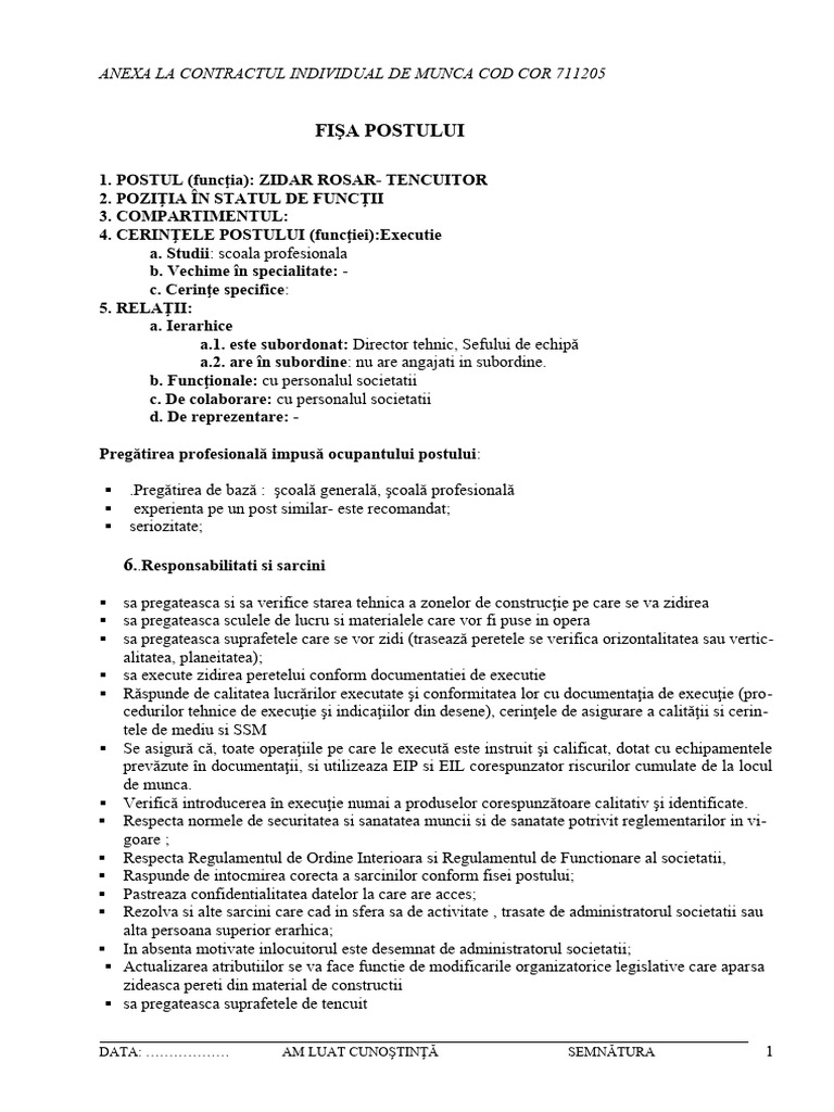 Fisa Postului Zidar Rosar - Tencuitor 711205 | PDF