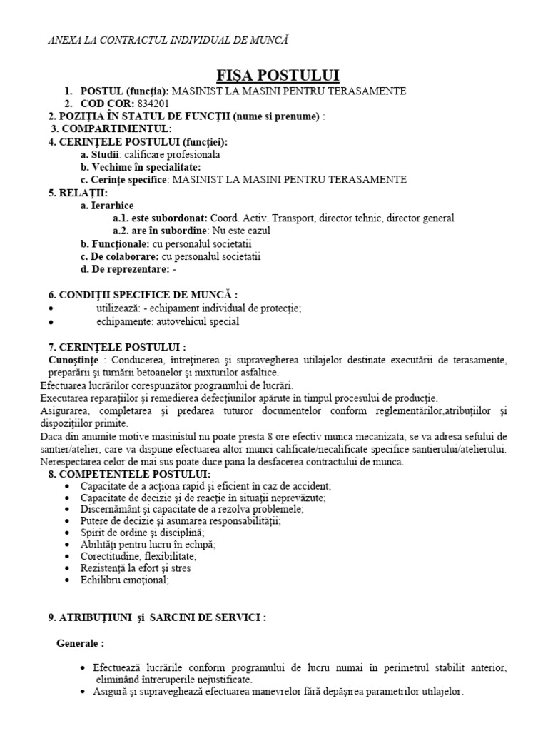 Fisa Postului Masinist La Masini PT Terasamente Cor 834201 | PDF