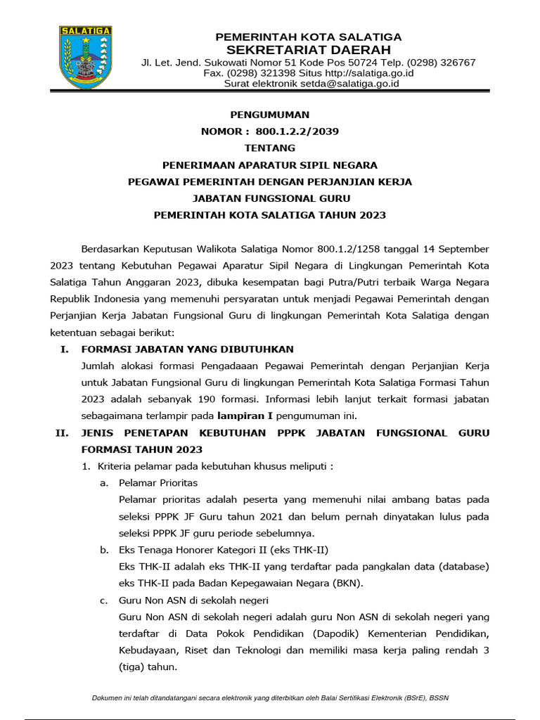Penerimaan ASN PPPK Jabatan Fungsional Guru Pemerintah Kota Salatiga Formasi Tahun 2023 | PDF