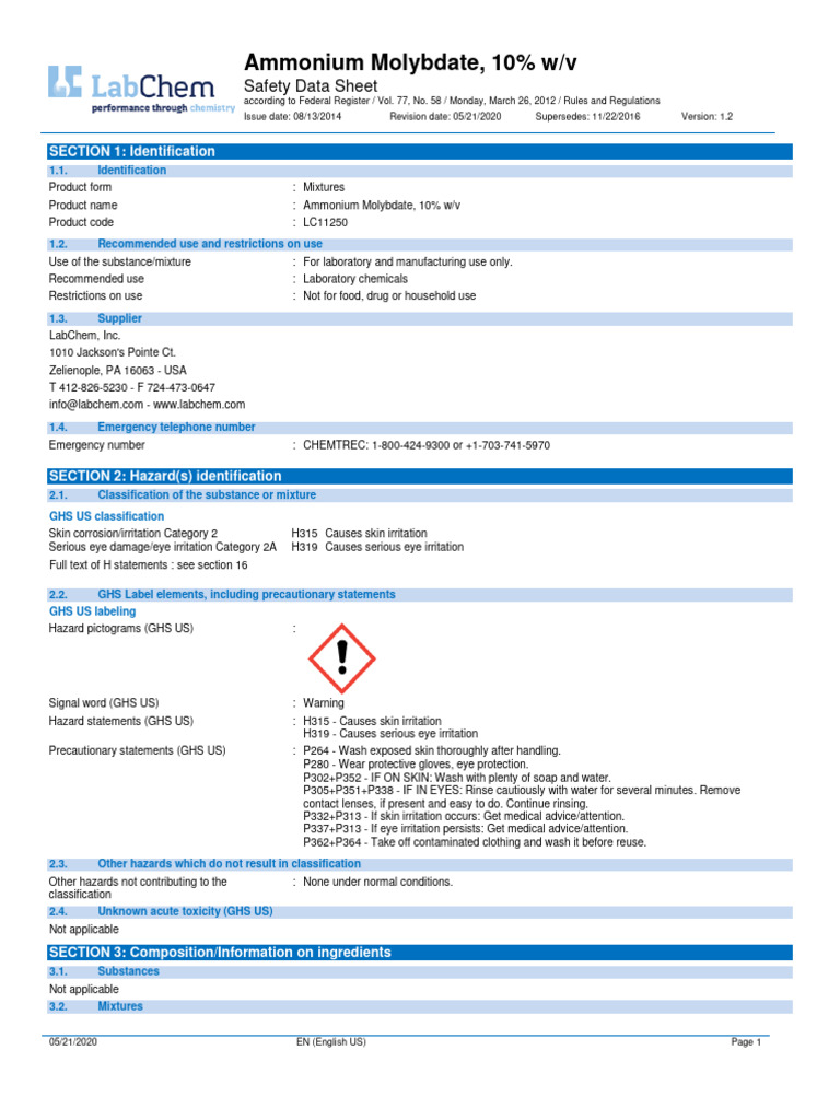 Amm Molybdate 10% | PDF