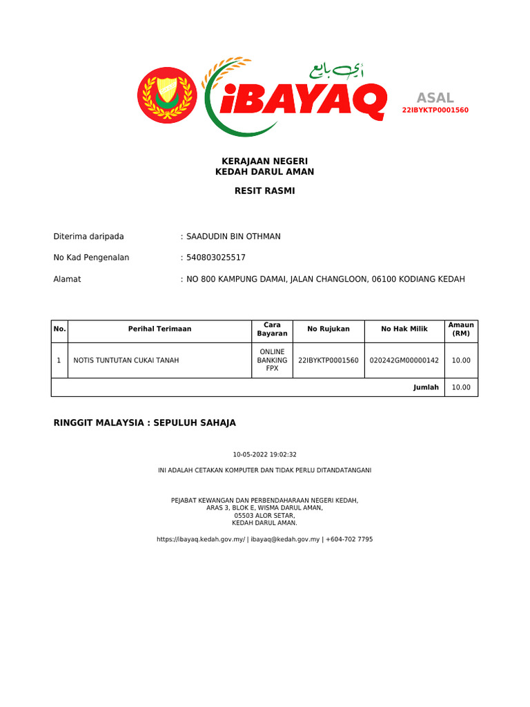 Resit Bayaran Notis Tuntutan Cukai Tanah (SAADUDIN BIN OTHMAN) 4 | PDF
