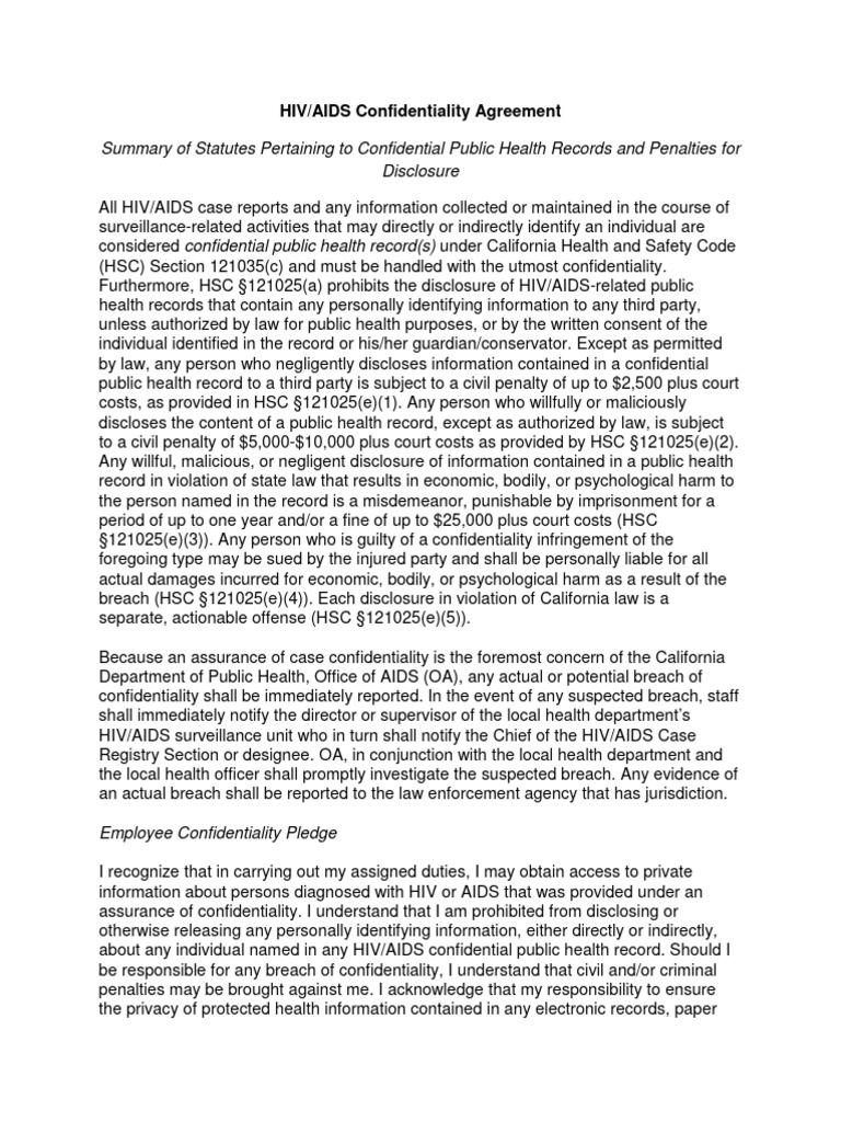 HIV AIDS Confidentiality Agreement ADA Compliant | PDF