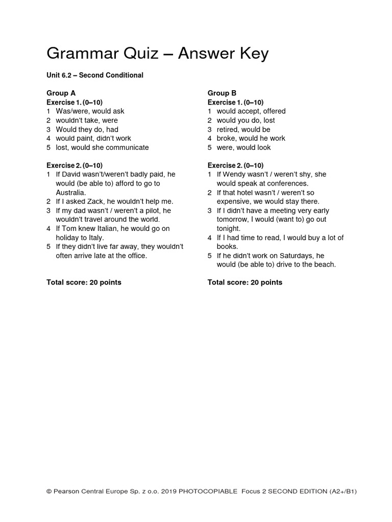 Focus 2 2ed Grammar Quiz Unit 6.2 GroupA B ANSWERS | PDF