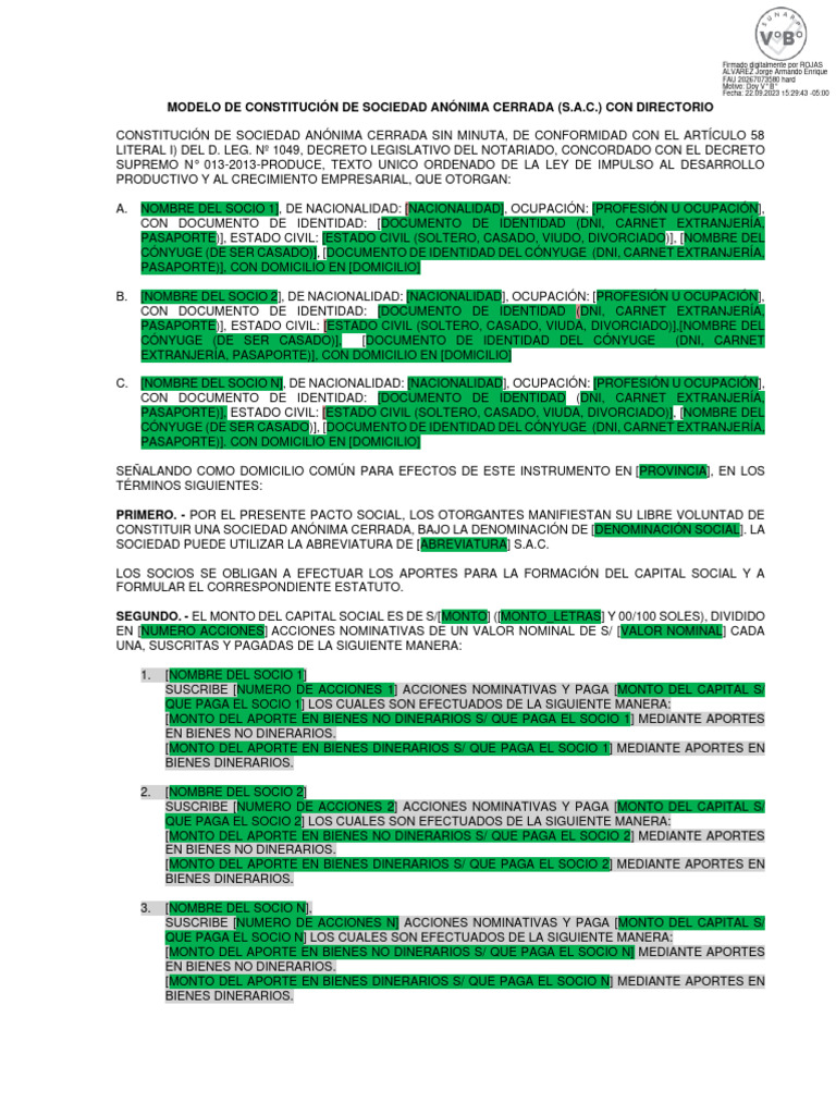 Modelo de constitución de Sociedad Anónima Cerrada (S.A.C.) con directorio | PDF | Pagaré ...