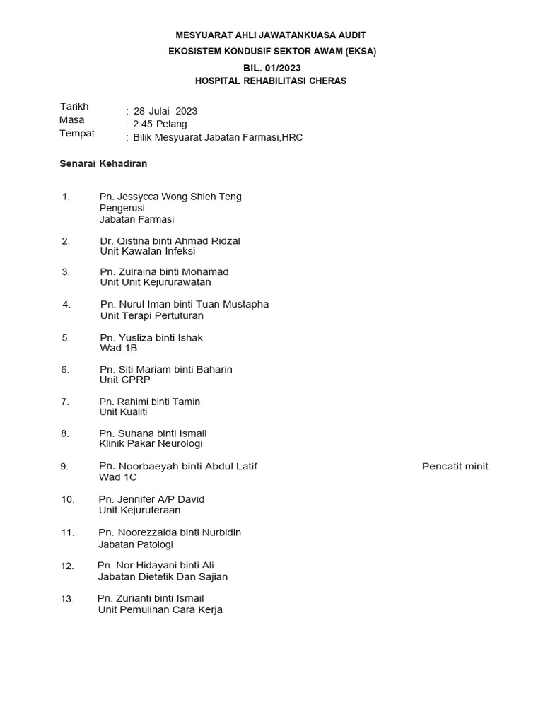 Minit Mesyuarat JK Audit Eksa Bil 012023 | PDF