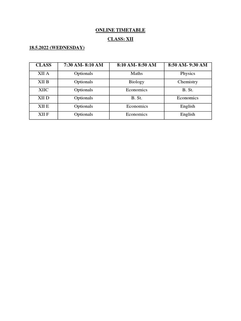 Wednesday Timetable (18.5.222) | PDF