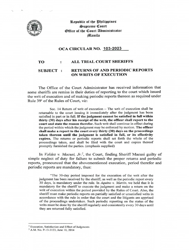 OCA Circular No. 103-2023 (On Execution Writs Return) | PDF