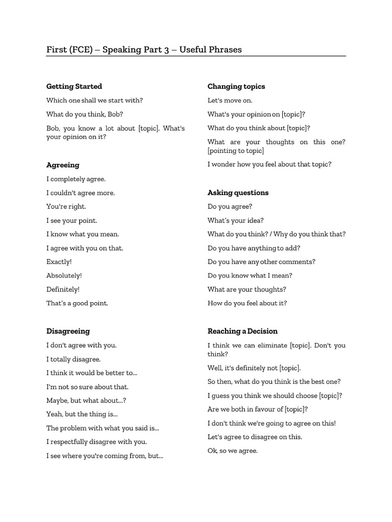 First FCE - Speaking Part 3 - Useful Phrases | PDF