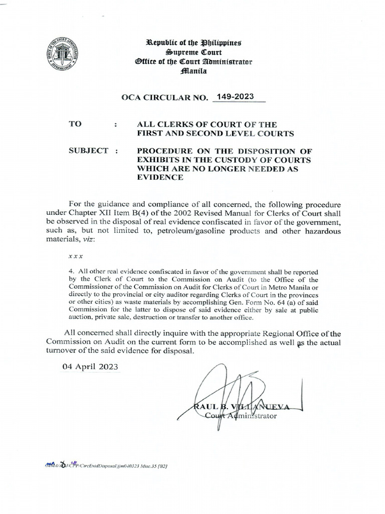 OCA Circular No. 149-2023 (Disposition of Evidence) | PDF