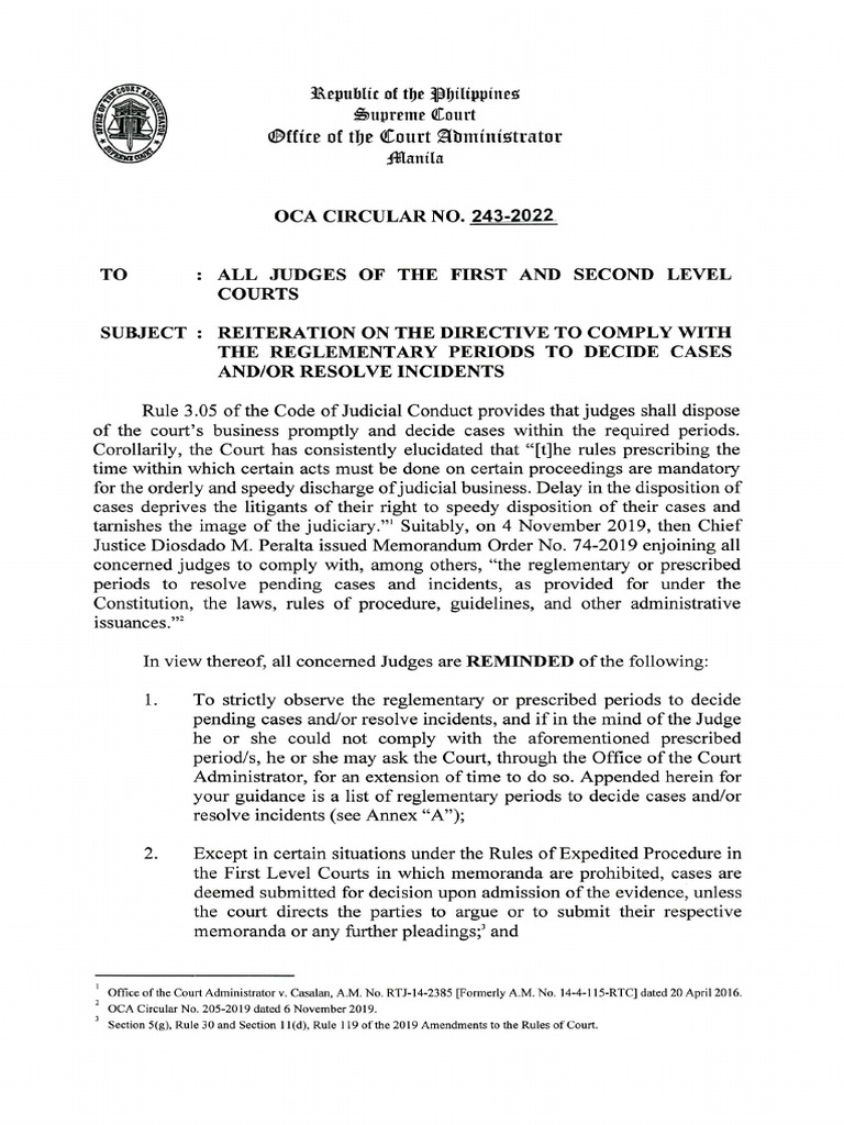OCA Circular No. 243 2022 (On Reglementary Periods) | PDF | Judgment (Law) | Complaint