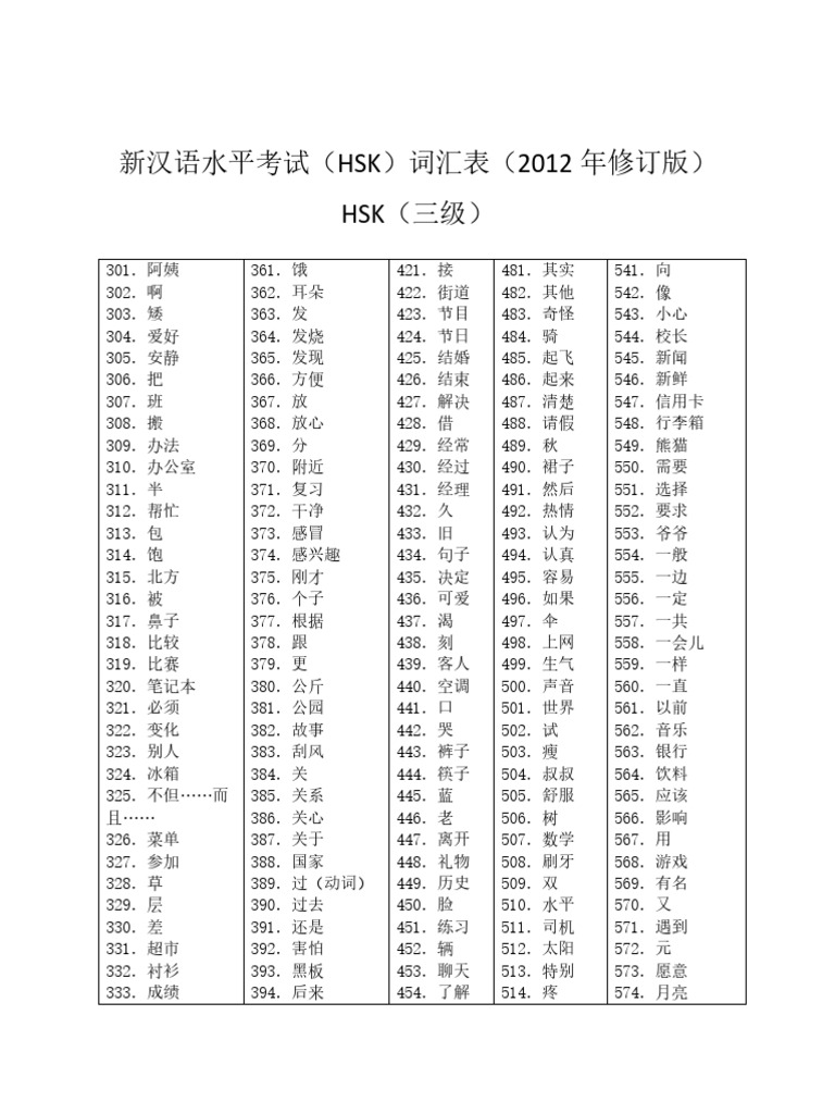 HSK 3 Word List 2012 (New) | PDF