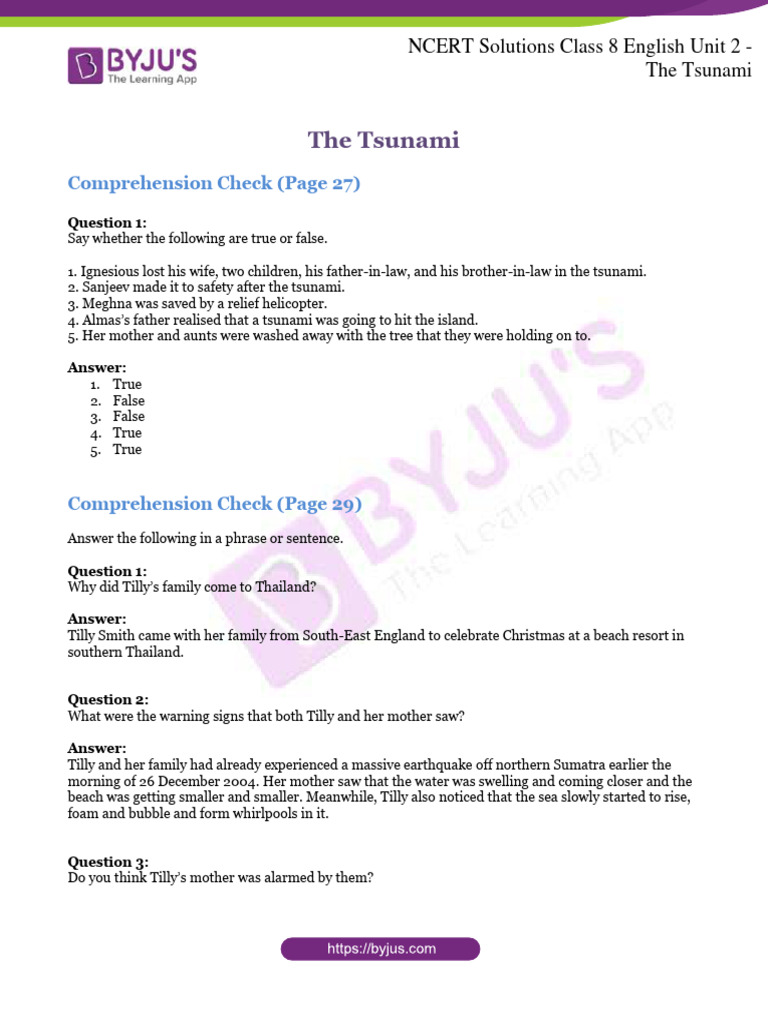 NCERT Sol Class 8 English Unit 2 The Tsunami | PDF