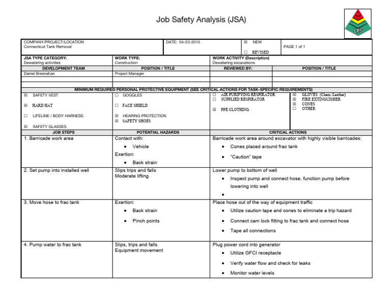 Dewatering Job Safety Analysis Guide | PDF