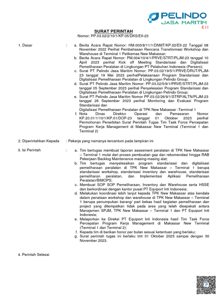 Surat Perintah Tugas Tim Task Percepatan Program Kerja Management Di Makassar New Terminal 1 Dan ...