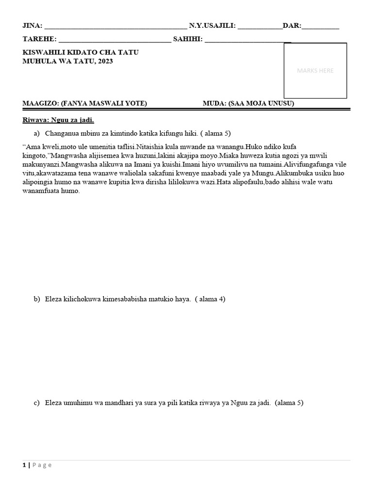 Kiswahili F3 QNS | PDF