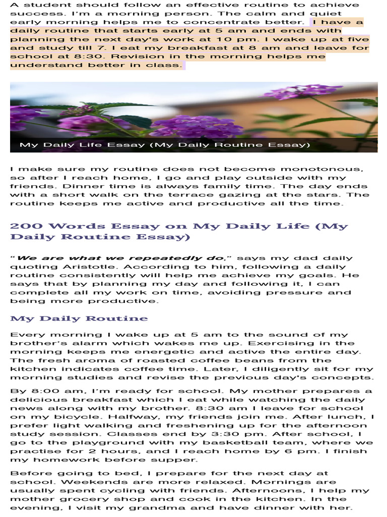 My Daily Life Essay (My Daily Routine Essay) - 10… | PDF