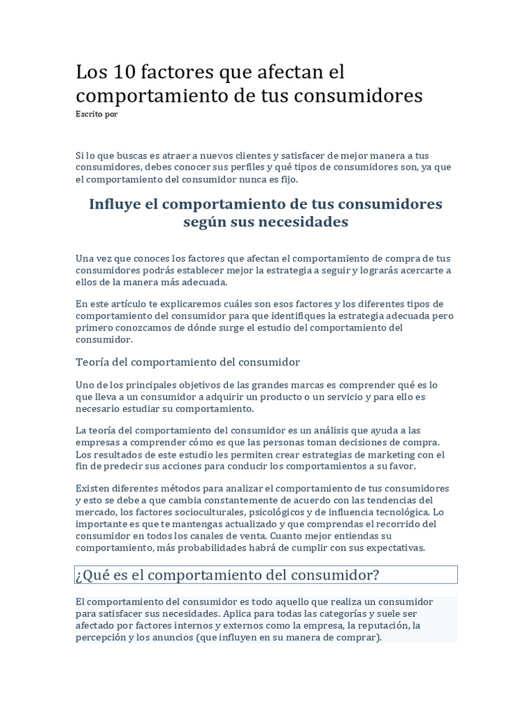 Los 10 Factores Que Afectan El Comportamiento de Tus Consumidores | PDF