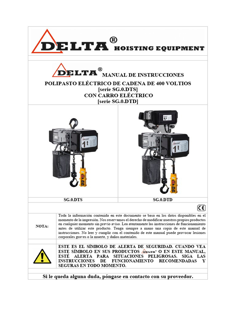 DELTA Serie SG Manual de Instrucciones Polipasto Eléctrico Cadena | PDF | Ingeniería mecánica