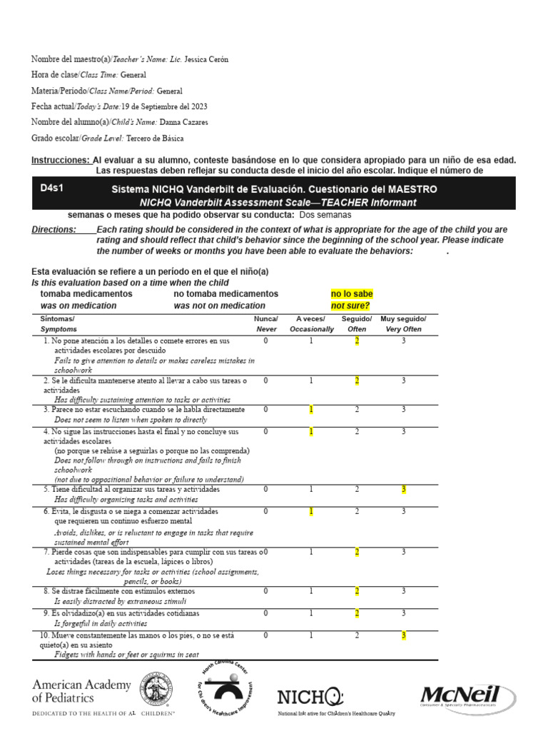 Spanish Teacher Vanderbilt ADHD | PDF