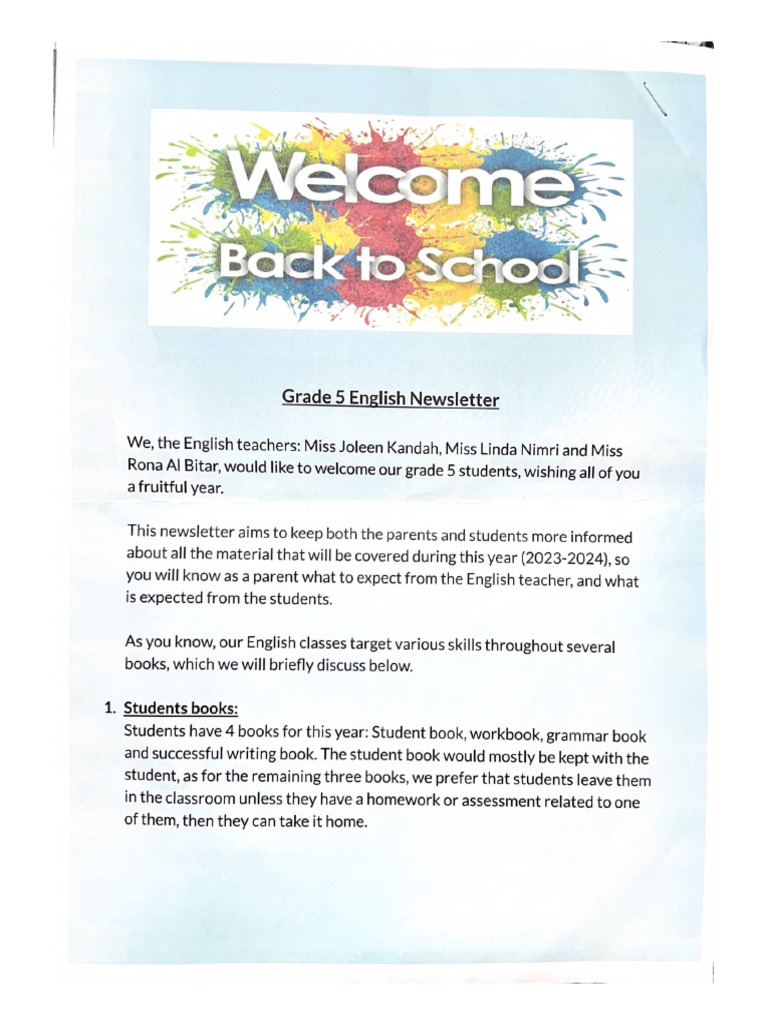 Grade 5 English Newsletter | PDF