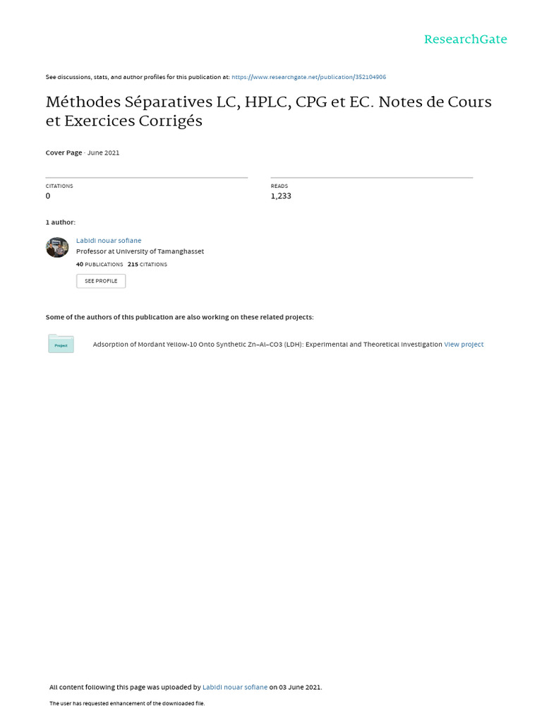 Méthodes Séparatives LC, HPLC, CPG Et EC. Notes de Cours Et Exercices ...