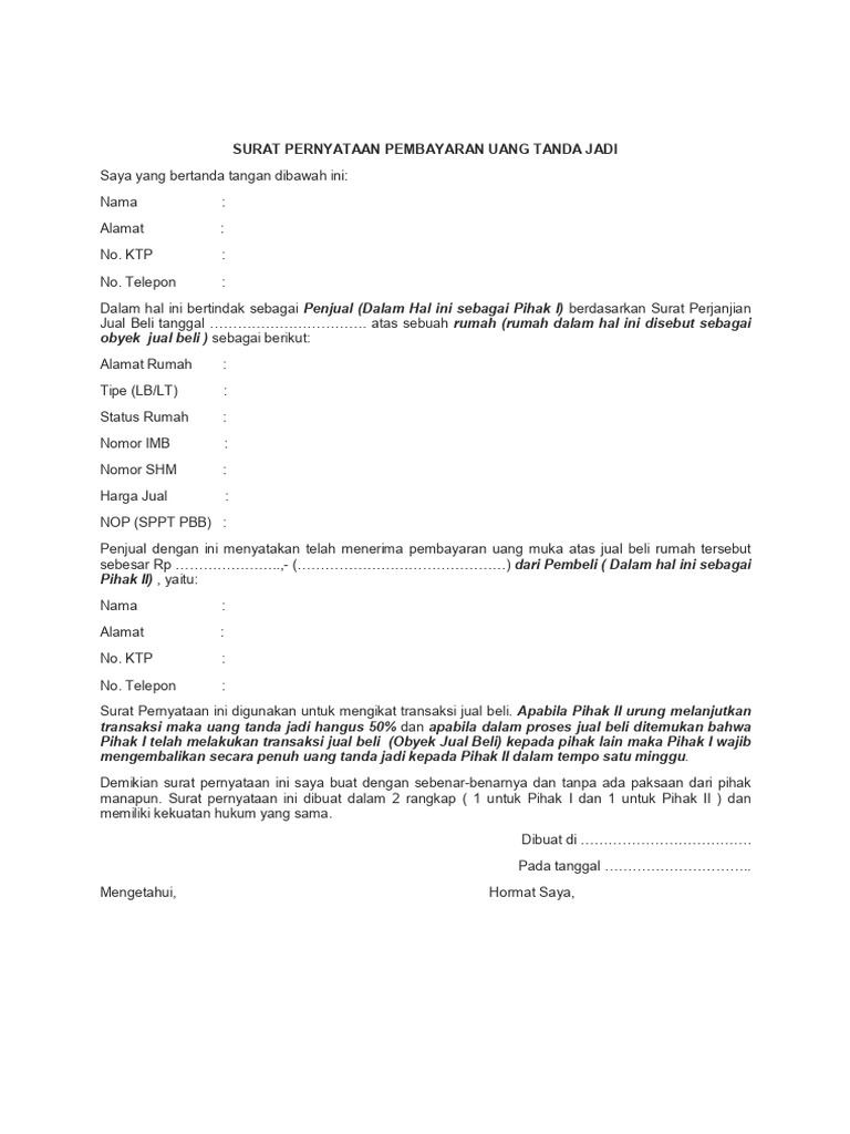 Surat Pernyataan Pembayaran Uang Tanda Jadi | PDF