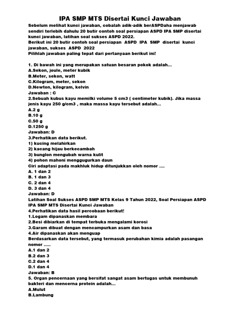 ASPD IPA SMP Disertai Kunci Jawaban | PDF