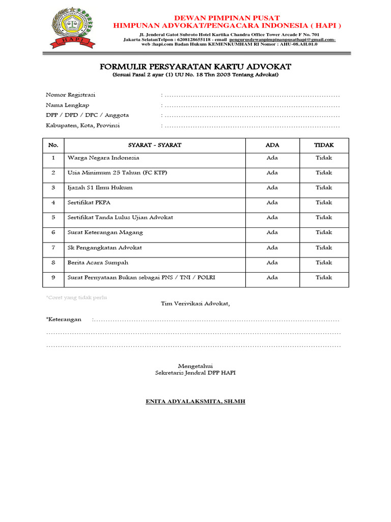 Formulir Pendaftaran Kartu Advokat HAPI | PDF