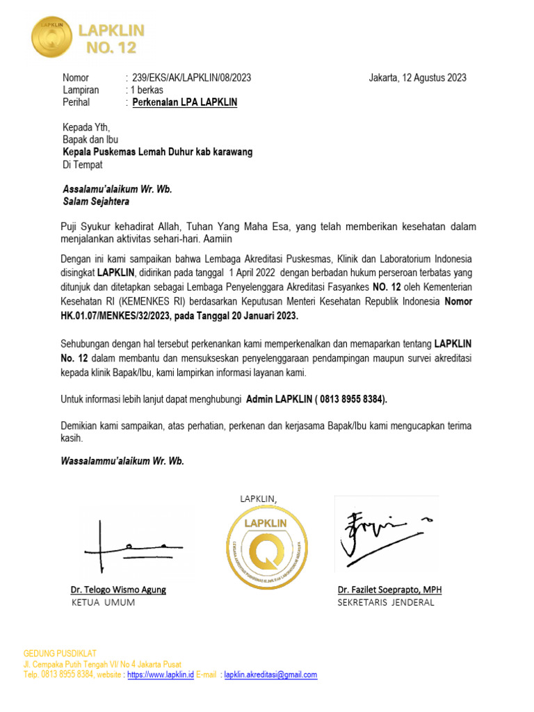 239 Surat Perkenalan LPA LAPKLIN Puskemas Lemah Duhur Kab Karawang | PDF