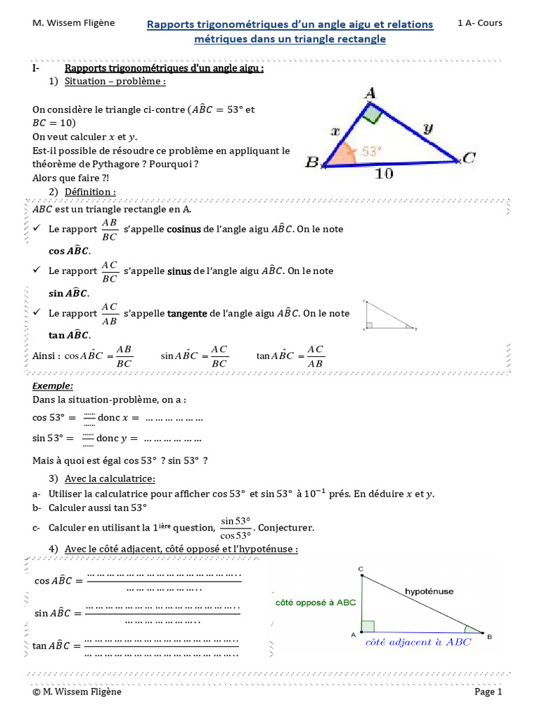 3.rapports Trigonométriques D'un Angle Aigu Et Relations Métriques Dans ...
