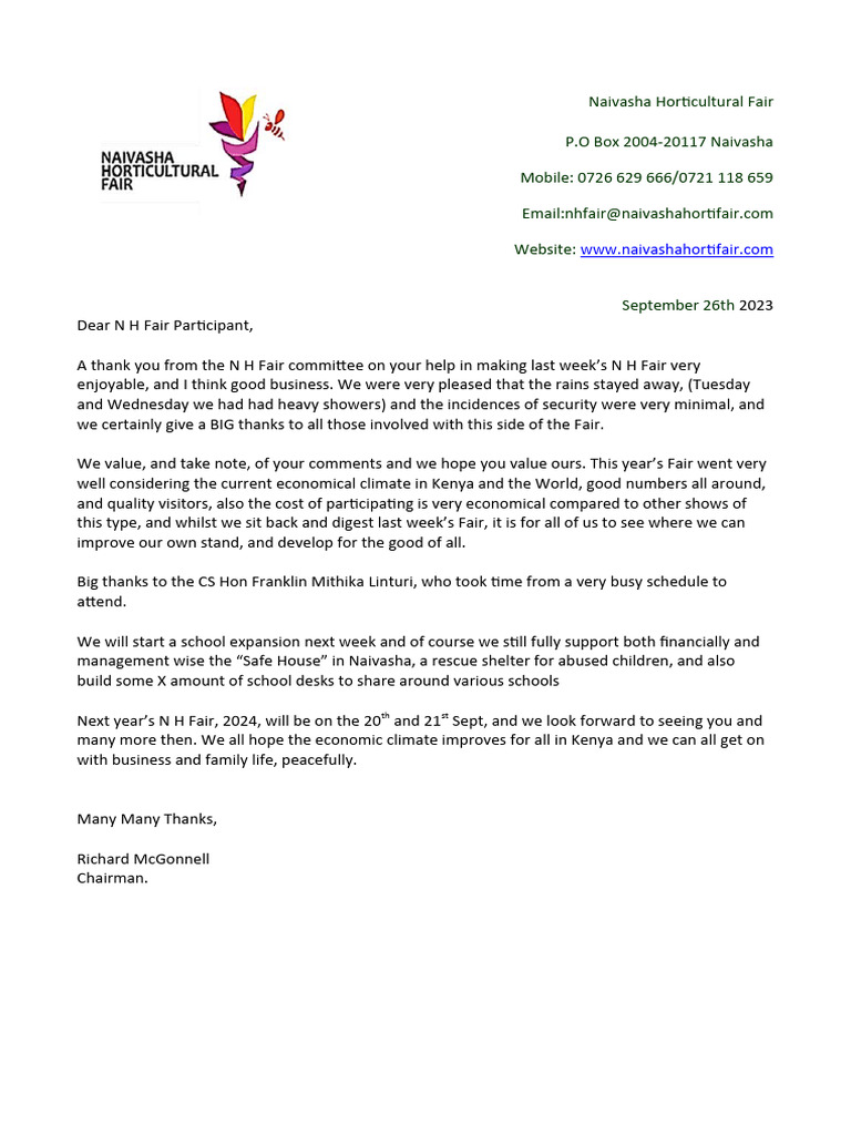 N H Fair 2023 Thank you Letter | PDF