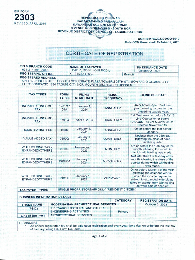 BIR Registration - Modernasian Architectural Services | PDF