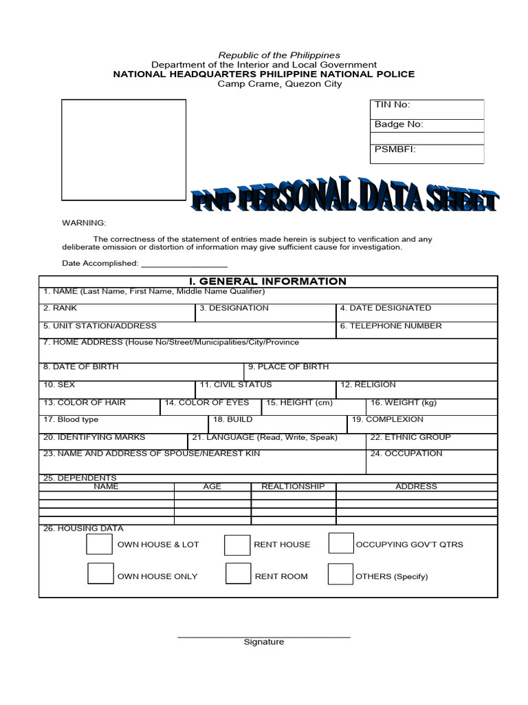 PNP Personal Data Sheet | PDF