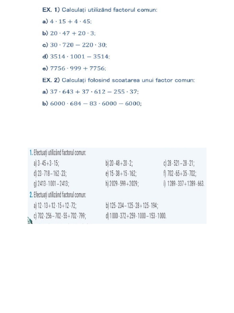 Calculați folosind factorul comun | PDF